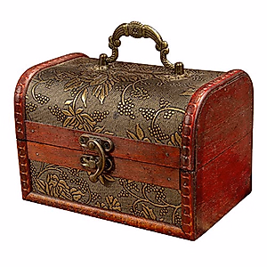 Jewelry Box - Oriental Style Wooden Box for Jewelry & Accessories - Small Vintage Treasure Chest w/Drawer - Rustic Decor Containers for Organizing - Antique Stash Box (Grape texture)