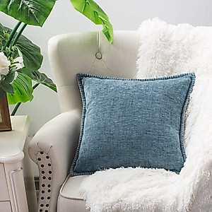CaliTime Throw Pillow Cases Pack of 2 Cotton Thread Stitching Edges Solid Dyed Soft Chenille Cushion Covers for Couch Sofa Home Farmhouse Decoration 18 X 18 Inches Smoke Blue