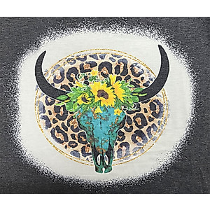 Wild Soul Bleached Shirt Women Vintage Western T-Shirt Boho Cow Skull Rodeo Shirt Leopard Bull Skull Bleached T-Shirt (Grey, L)