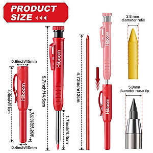 Hiboom 3 Pack Solid Carpenter Pencils with Carpenter Pencil Cap and 27 Refills, Deep Hole Mechanical Scriber Marking Tools with Built in Sharpener for Construction Woodworking Architect
