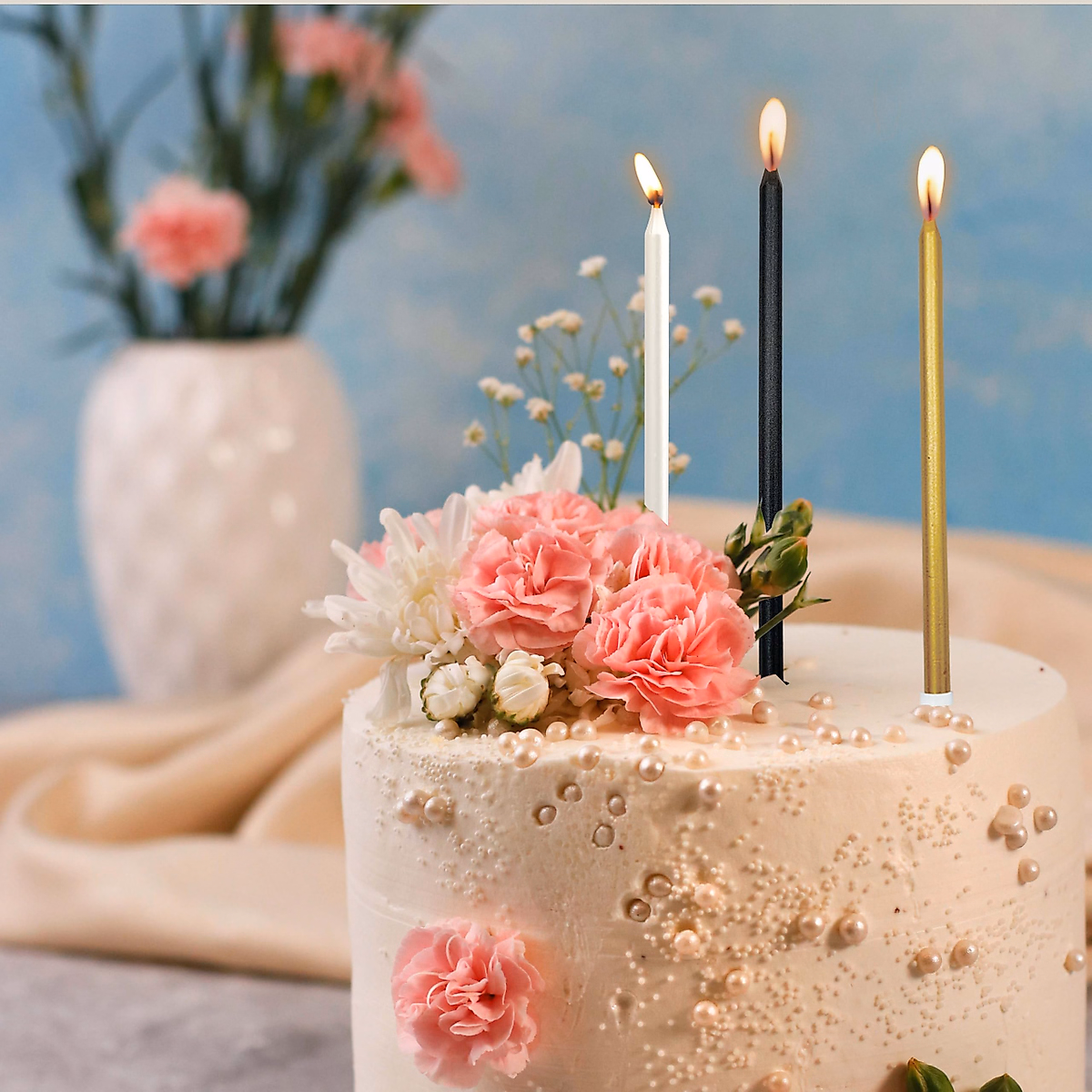 Comluge Long Tall Pearl White Birthday Candles for Cake Decorations 5.1 inches (24, Pearl White)