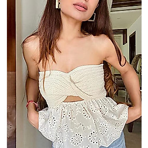 MISSACTIVER Women Twist Knot Knit Bandeau Tube Top Embroidery Strapless Off Shoulder Backless Hollow Crop Tank Corset Top Apricot