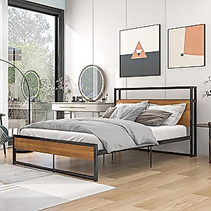 Full Size Platform Bed with USB Ports and Sockets, Metal Bed Frame with Wooden Headboard and Footboard, Slat Support No Box Spring Needed