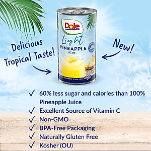 Dole Light Pineapple Juice Drink, No Added Sugar, 40 Calories Per Can, Excellent Source of Vitamin C, 100% Fruit Juice, 6 Fl Oz (Pack of 48)
