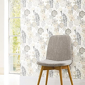 RoomMates RMK11326WP Beige Perennial Blooms Peel and Stick Wallpaper, Roll, Beige