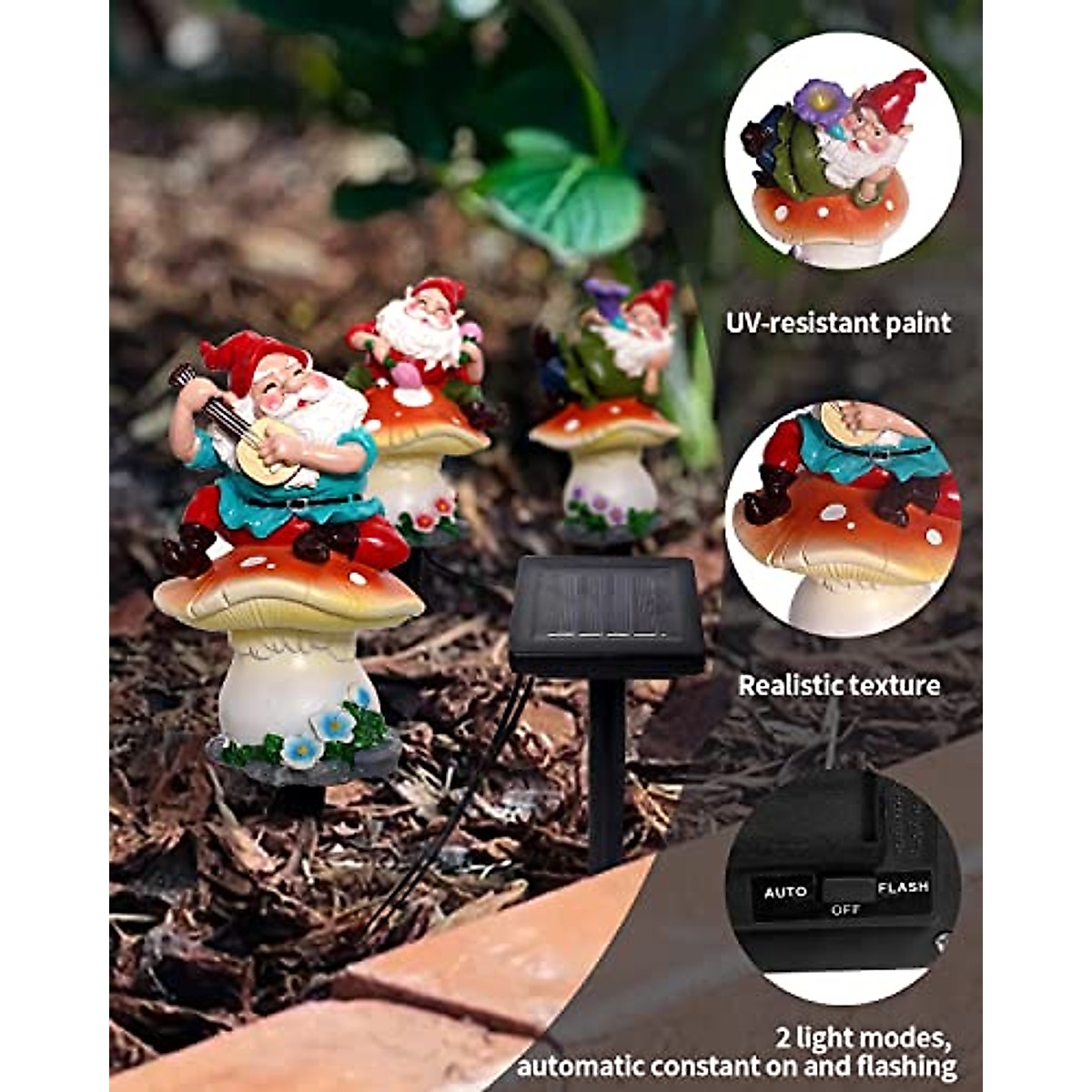 LOGUIDE Outdoor Garden Gnome Statue Solar Lights,Set of 3 LED Resin Mushroom Gnome Garden Stake Lights,Waterproof Outdoor Figurine for Garden,Yard,Flower Bed,Grave,Walkway Decor,Gift for Gnome Lovers