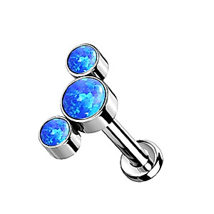Pierced Owl 16-18GA G23 Implant Grade Titanium Threadless Push-In Triple Round Synthetic Opal Curved Flat Back Lip Cartilage Ear Lobe Stud (Blue, 16GA)