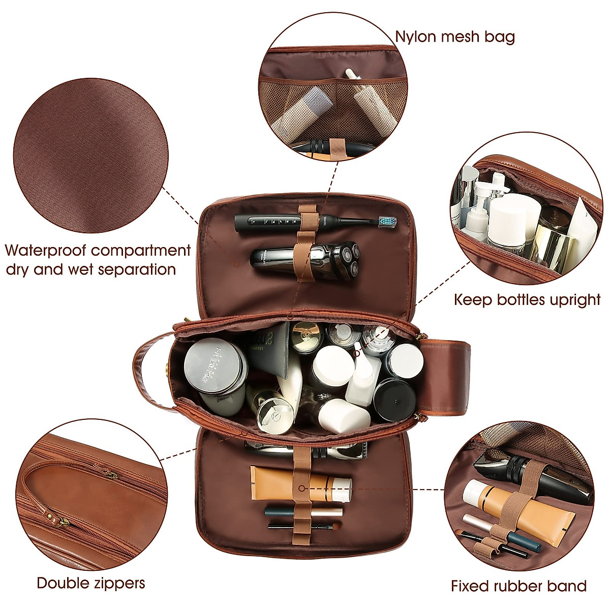 BNSPOCKET Personalized Leather Travel Toiletry Bag for Men, Large Travel Bathroom Shaving Dopp Kit, Large Cosmetic Bag Waterproof