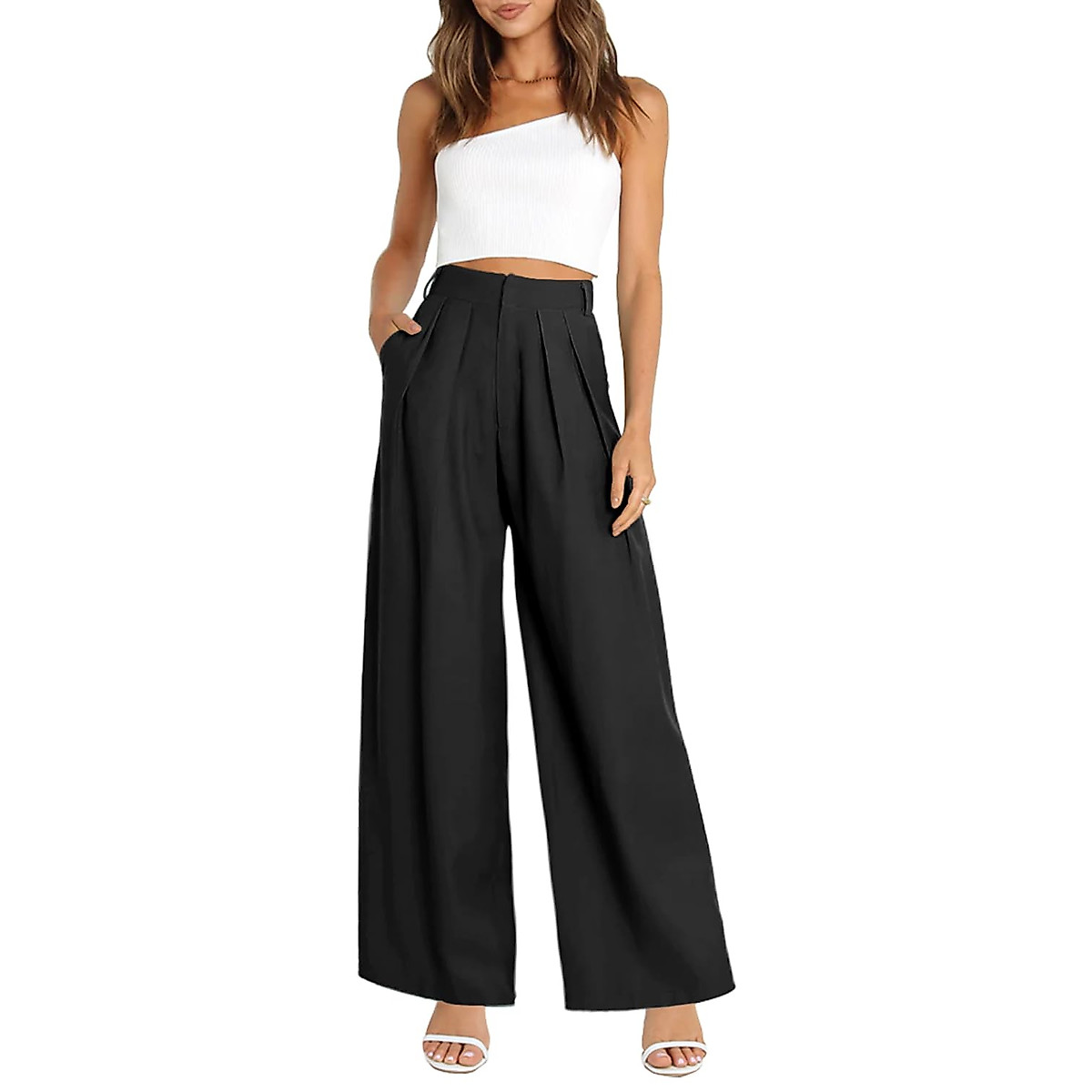 NIeyook Women's Wide Leg Pants Elastic High Waisted Trousers Business Work Casual Pants with Pockets Black