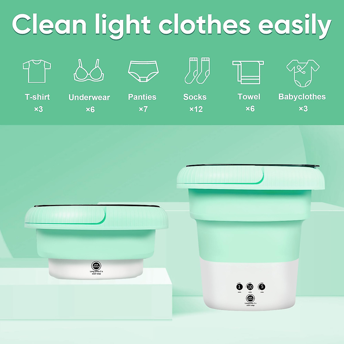 Portable Washing Machine,6.5L Folding Washing Machine,Mini Washer,Small Portable Washer Easy to Carry,Suitable for Apartments, Dormitories, Camping, RV, Travel Laundry,Hotels (Green-6.5L)