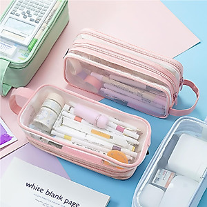 Large Grid Mesh Pencil Case 2 Compartments, Clear Pen Pencil Pouch with Zipper, Multifunction Transparent Stationery Bag for Student College Office Teen Boys Girls Makeup Bag for Adults Travel (Pink)