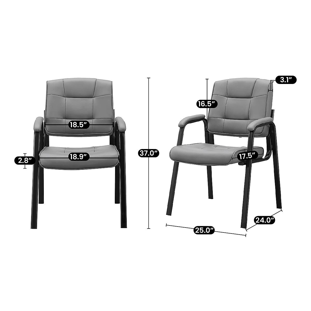 Naomi Home Waiting Room Chair Set of 2, Heavy Duty Leather Executive Waiting Room Chairs, Lobby Reception Chairs with Padded Arm Rest, Guest Chairs Set of 2 - Gray