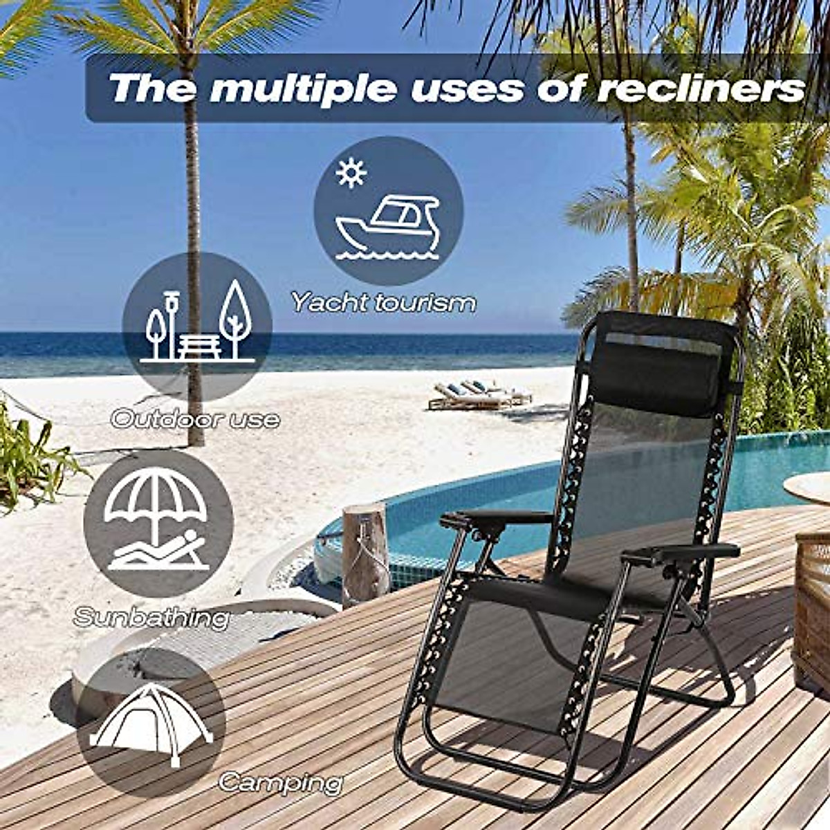 HCB Zero Gravity Chair Patio Folding Lawn Lounge Chairs Outdoor Lounge Gravity Chair Camp Reclining Lounge Chair with Pillows for Vacation (Black)