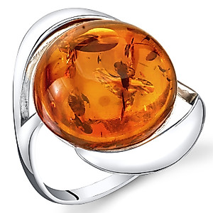 PEORA Genuine Baltic Amber Large Round Swirl Ring for Women in Sterling Silver, Rich Cognac Color, Comfort Fit, Size 8