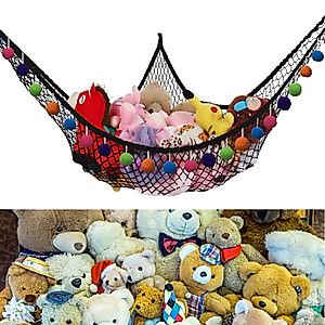 Net for Stuffed Animals, Meirenda Stuffed Animal Hammock or Net Jumbo Stuffed Toy Net Storage Organizer Kids Sling Corner Wall Mesh Toy Hammock for Stuffed Animals with Balls(Black, 70 inch)