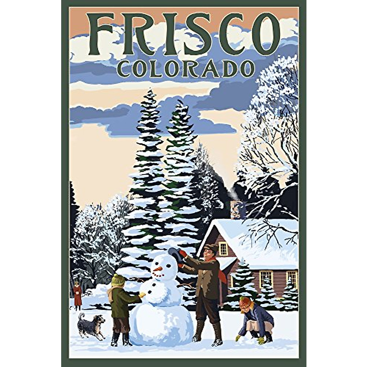 Frisco, Colorado, Snowman Scene (24x36 Giclee Fine Art Print, Recycled Wood Frame, Espresso Brown)