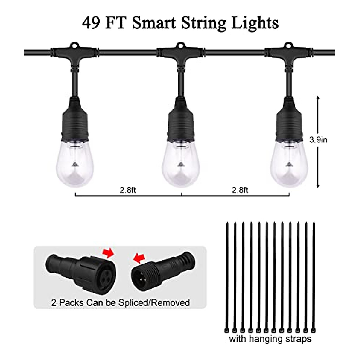 genlar Smart Christmas String Lights, APP Control Patio Lights LED RGBCW Color Changing Lights Dimmable Waterproof Shatterproof Commercial Hanging Lights for Outdoor Cafe Garden (48ft/15bulbs)