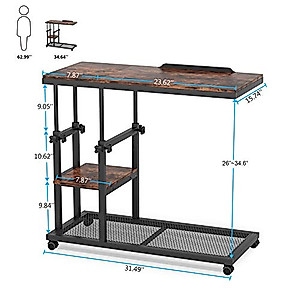 Tribesigns Height Adjustable C Table with Wheels, Mobile Couch Snack Side Table with Tiltable Drawing Board, Sofa Bedside Laptop Stand C Shaped TV Tray with Storage Shelves (Brown)