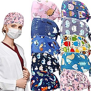 Geyoga 10 Pieces Women Bouffant Caps with Buttons Adjustable Hat Breathable Turban Cap Sweatband Hats Tie Back