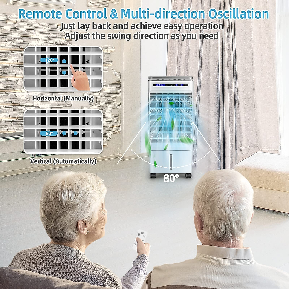 GOFLAME Evaporative Air Cooler Portable, 3-IN-1 Air Cooling Fan with Remote Control and 4 Ice Packs, Air Humidifier with 3 Modes, 3 Speeds and 7H Timer, Bladeless Cooling Fan for Home & Office