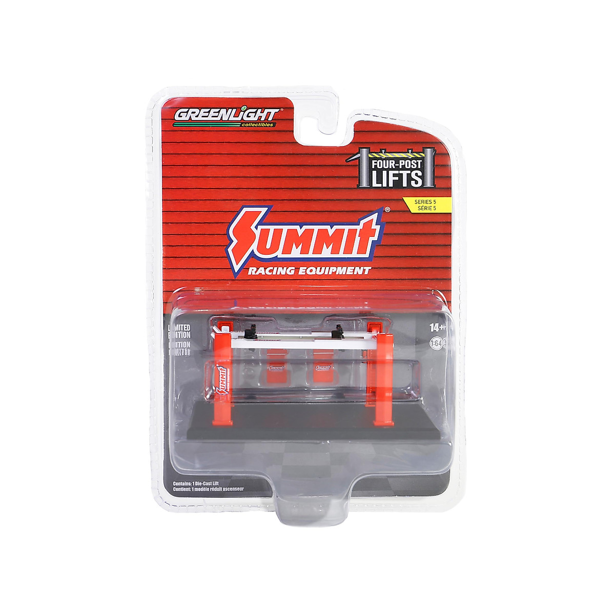 Adjustable Four-Post Lift Summit Racing Equipment Red and White Four-Post Lifts Series 5 1/64 Diecast Model by Greenlight 16180B