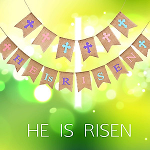 2 Sets Easter Burlap Banner HE is Risen Hanging Garland Printed Easter Bunting for Easter Day Decorations