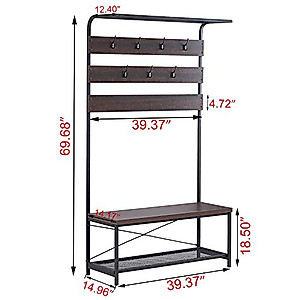 Entryway Coat Rack Bench, Modern Hall Tree with Storage Bench, Wood and Metal Hallway Bench with Coat Rack, 39x70 Inch Espresso