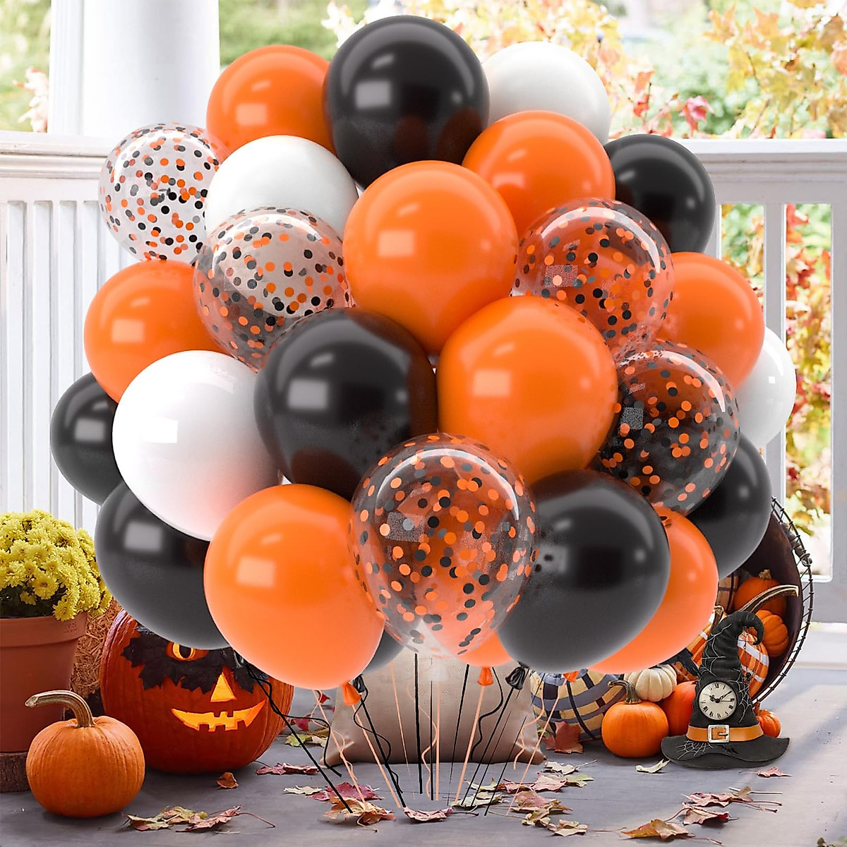 Patimate Black Orange Halloween Balloons Set, 50 pcs 12 inch Orange Black White Confetti Latex Balloons Kit for Halloween Baby Shower Spooky Birthday Graduation Motorcycle Party Decorations