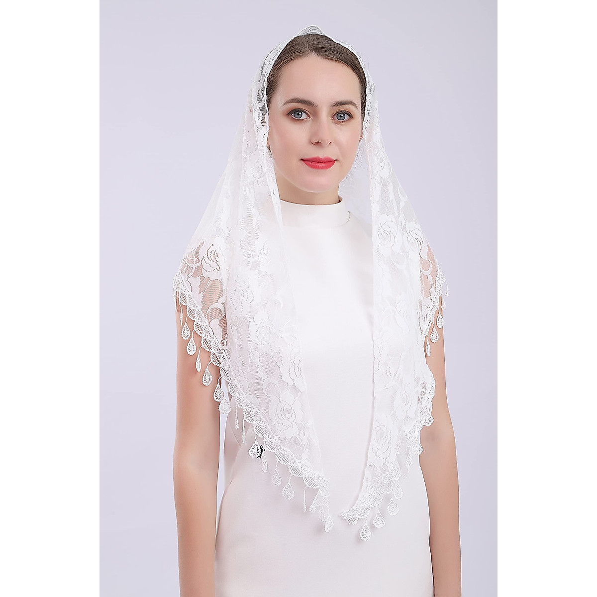 Cilkus Lace veil Mantilla veil Shawl or Scarf Latin Mass Head Cover with Fringed lace (White)
