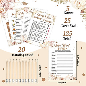 Yinder 145 Pcs Baby Shower Games Activities Cards with 20 Pencils Includes Baby Bingo Description and Wishes Guess Who Price is Right Word Scramble Game(Boho Pampas)
