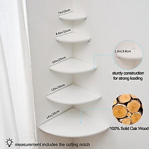 Corner Shelf, White Solid Oak Wood Floating Corner Shelves Wall Mount Round End Floating Speaker Shelf for Small Plant Photo Frame (White, 10in)