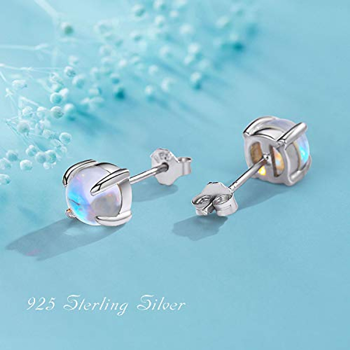 Moonstone Earrings 925 Sterling Silver Round Synthetic Moonstone Stud Earrings Moonstone Jewelry for Women Hypoallergenic Earrings for Sensitive Ears (A-Silver, 6)