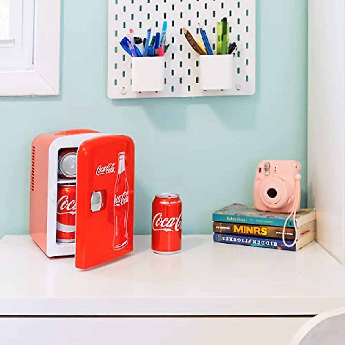 Coca-Cola Classic Coke Bottle 4L Mini Fridge for Bedroom 6 Can Portable Cooler, Personal Travel Refrigerator for Snacks Lunch Drinks Cosmetics, Desk Home Office Dorm, Red