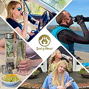 Phoenix Crystal Water bottle, a Loose Leaf Tea Infuser Bottle, double wall glass for hot and cold drinks. Large Rose Quartz Crystal and Amethyst Stone. Eco-friendly & relaxing gifts for women