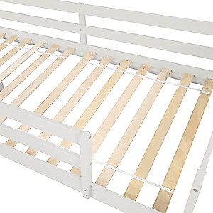 ERYE Twin Size Loft Bed with Slide and Storage Staircase, Wooden Bedframe Bedroom Furniture w/Full-Length Safety Guardrails & Shelves for Kids, Teens, Girls, Boys
