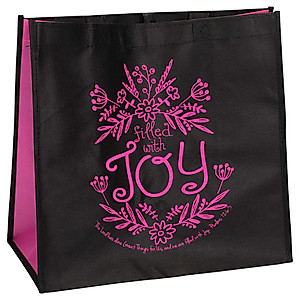 Divinity Boutique Filled With Joy 12 x 12 Inch Reusable Eco-Friendly Tote Bag, Black/Hot Pink, Pack of 2