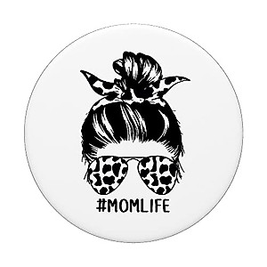 Cow Print Messy Bun Mom Life Mama Cow Black White Animal PopSockets Swappable PopGrip
