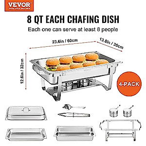 VEVOR Chafing Dish Buffet Set, 8 Qt 4 Pack, Stainless Chafer w/ 4 Full Size Pans, Rectangle Catering Warmer Server w/Lid Water Pan Folding Stand Fuel Tray Holder Spoon Clip, at Least 8 People Each