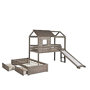 HYC Twin Over Twin Bunk Bed for Kids Toddlers, Wooden Bunk Bed with Slide and 2 Storage Drawers, House-Shaped Bunk Bed for Girls Boys,Gray