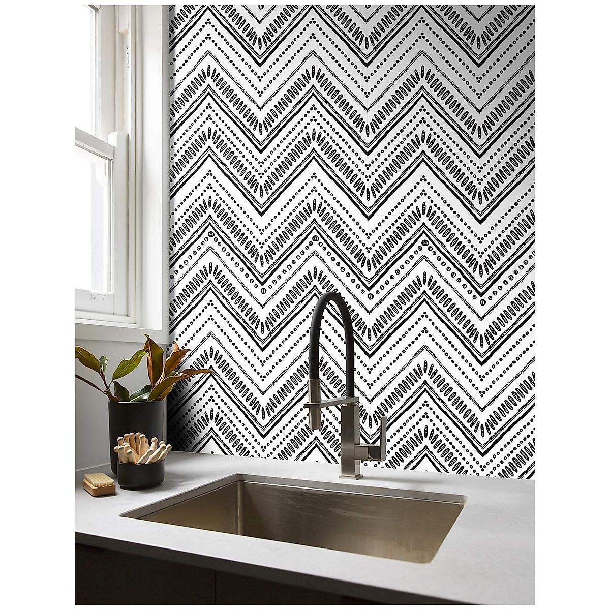 HAOKHOME Black and White Wallpaper Boho Geometric Self Adhesive Textured Wall Paper Modern for Bathroom Decor e 17.7in x 9.8ft