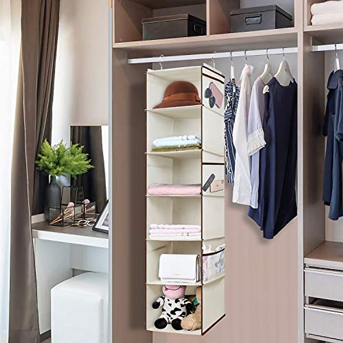 Univivi 6 Layer Closet Organizers and Storage, Hanging Shelves for Closet with 6 Side Pockets, Hanging Closet Shelves, Hanging Shoes Closet Sweater Organizer for Closet- Beige
