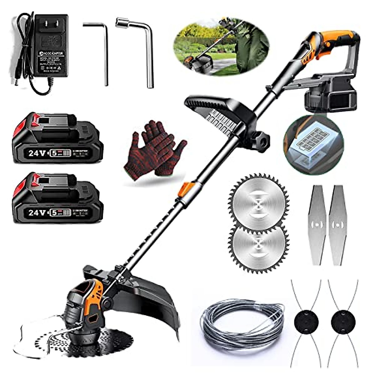 Electric Weed Eater Battery Powered Weed Wacker, String Trimmers with Remaining Power Display, Adjustable Machine Head Electric Lawn Edger for Garden and Yard