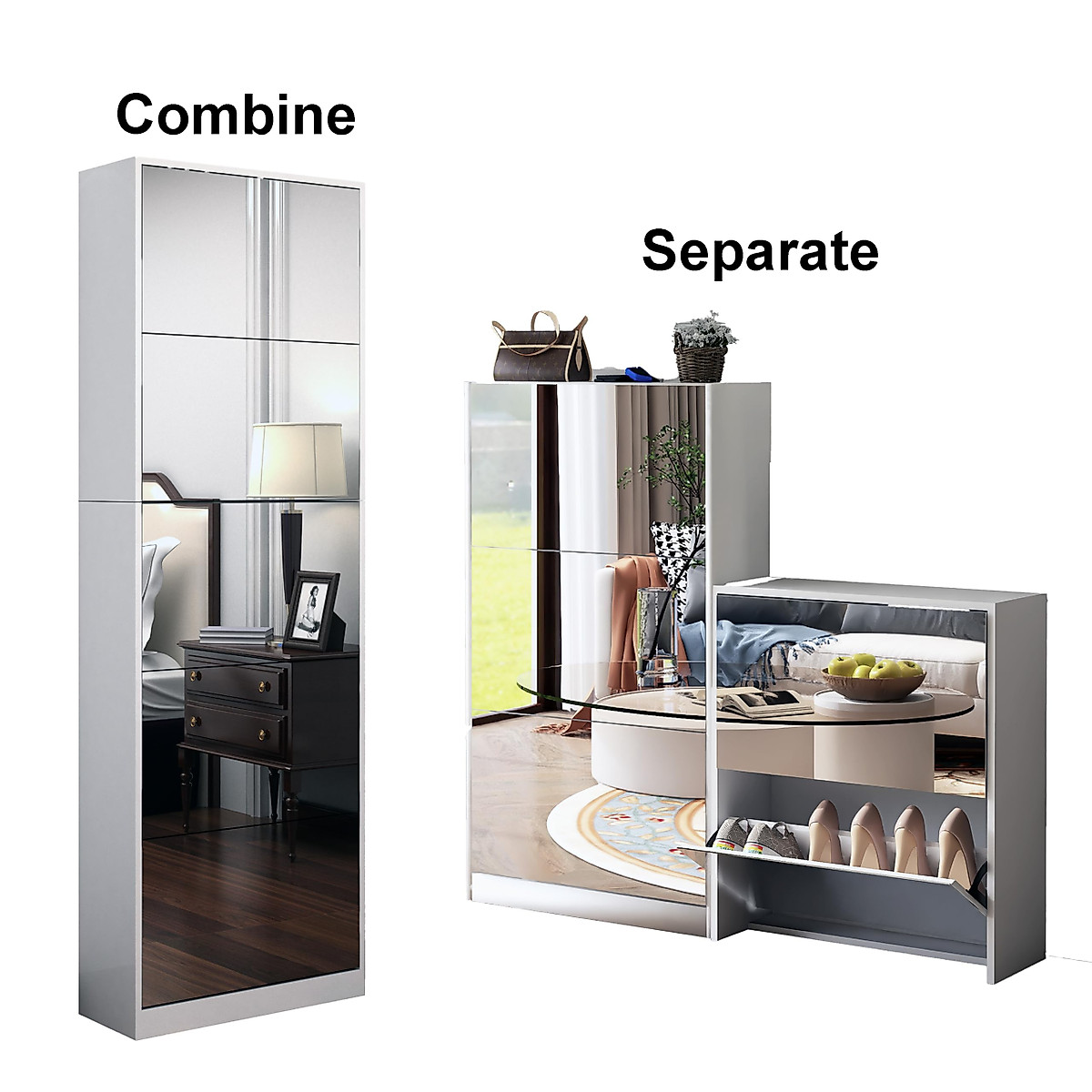 GLSCASA Modern Shoe Cabinet with Full Length Mirror, Freestanding Shoe Storage Organizer with 5 Flip Drawers, Separate 3 + 2 Tier Shoe Cupboard for Entryway, Dressing Room