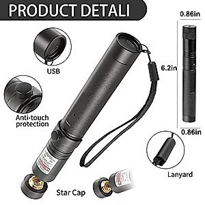 UNBIU Long Range Laser Pointer High Power, Green High Power Laser Pointer Flashlight for Adjustable Focus Green Laser Pointer for Night Astronomy Outdoor Camping Hunting and Hiking，USB Rechargeable