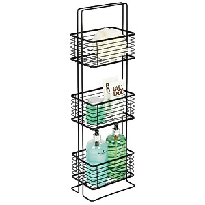 mDesign Slim Metal Wire 3 Tier Free-Standing Bathroom Shelving Unit, Small Narrow Storage Organizer Tower Rack with 3 Basket Bins - Holds Tissues, Hand Soap, Toiletries - Matte Black
