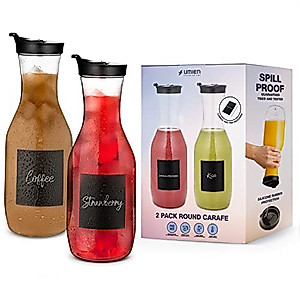 Umien 50 Oz Water Carafe with Flip Top Lid set of 2, Clear Plastic Pitcher for Milk, Iced Tea Beverage, Cold Brew and Mimosa Bar. Drink Containers for Fridge - BPA-Free (Wide Round)