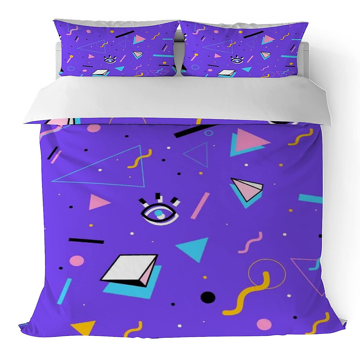 Duvet Cover Sets California King -Retro 80s Triangles-Bedding Comforter Set Breathable SetsSoft Microfiber 3 Pcs