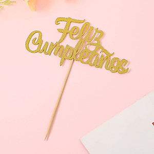 Spanish Feliz Cumpleaños Cake Topper - Gold Glitter Happy Birthday Cake Topper, Fiesta Theme Party Decoration supplies, single-side gold glitter decorations
