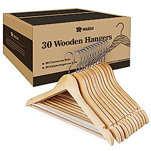 HOUÍSM Wooden Hangers 30 Pack, Solid Wooden Suit Hangers Coat Hangers with Non-Slip Pants Bar, 360° Swivel Hook & Notches, Smooth Finish, Heavy Duty Clothes Hangers for Coats, Suits, Pants and Jackets