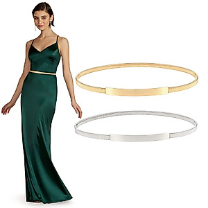XZQTIVE 2 Pieces Women Skinny Metal Chain Waist Belt Stretchy Saree Cinch Belt for Dress Gold Sliver (00 Gold, Fit waist 30-33 in)